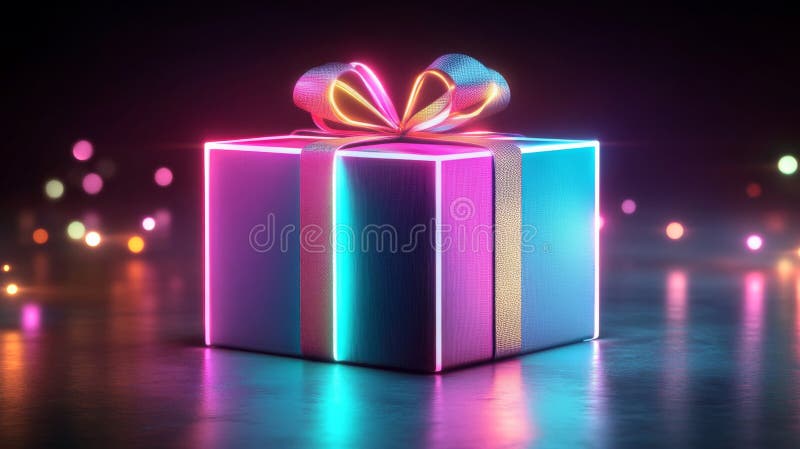 Neon Gift Box with Glowing Bow on Dark Background Stock Illustration ...