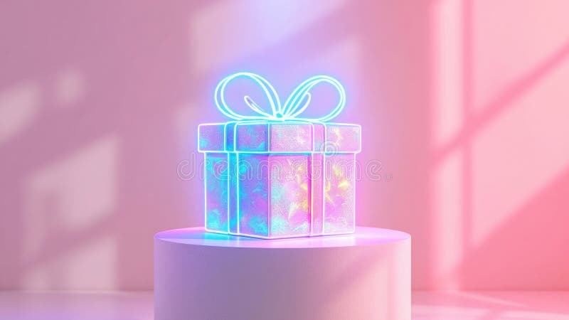 Neon Gift Box Holographic Glow Pink Background Stock Photos - Free ...