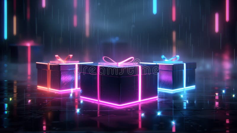 Neon Gift Boxes in Futuristic Rain Stock Illustration - Illustration of ...