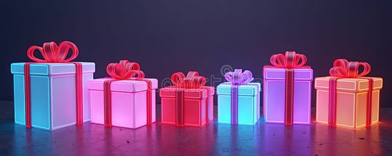 Neon Gift Boxes with LED Bows Aligned. Virtual Reality Gift Exchange ...