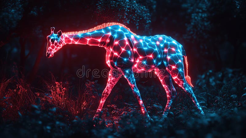 Neon Giraffe Walking in Dark Forest Stock Illustration - Illustration ...