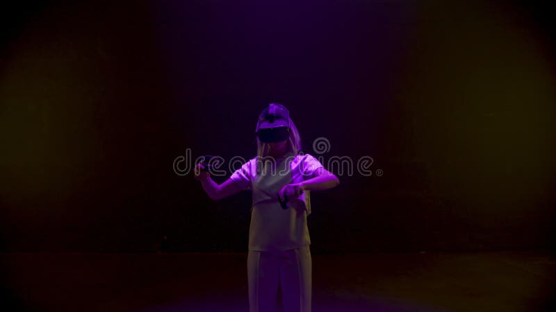 Neon Girl Playing Vr Game in Headset Closeup. Beautiful Millennial ...
