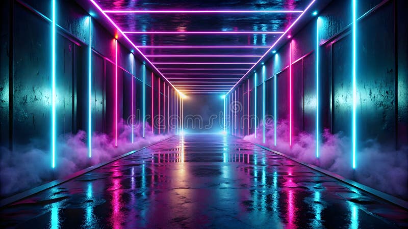 Neon Glow and Abstract Lines on a Shadowy Corridor Stock Illustration ...