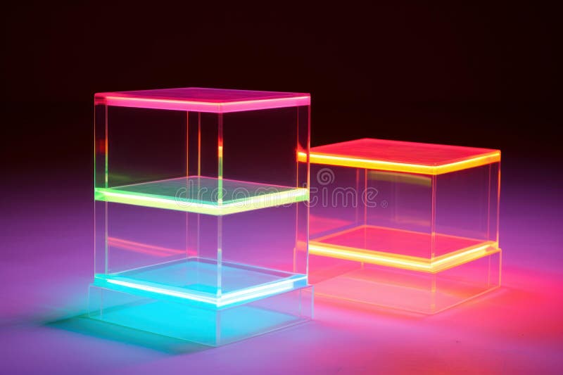 Neon Glow Acrylic Boxes on Violet Background Stock Photo - Image of ...