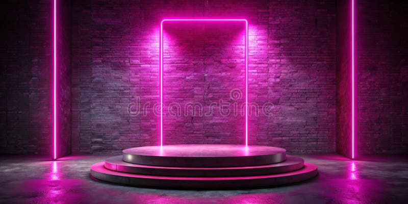 Neon Glow on Brick Wall Stage Circular Platform with Pink Neon Lights ...