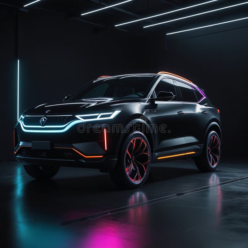 Neon Glow CloseUp of Black Electric SUV in Dramatic Lighting Stock ...