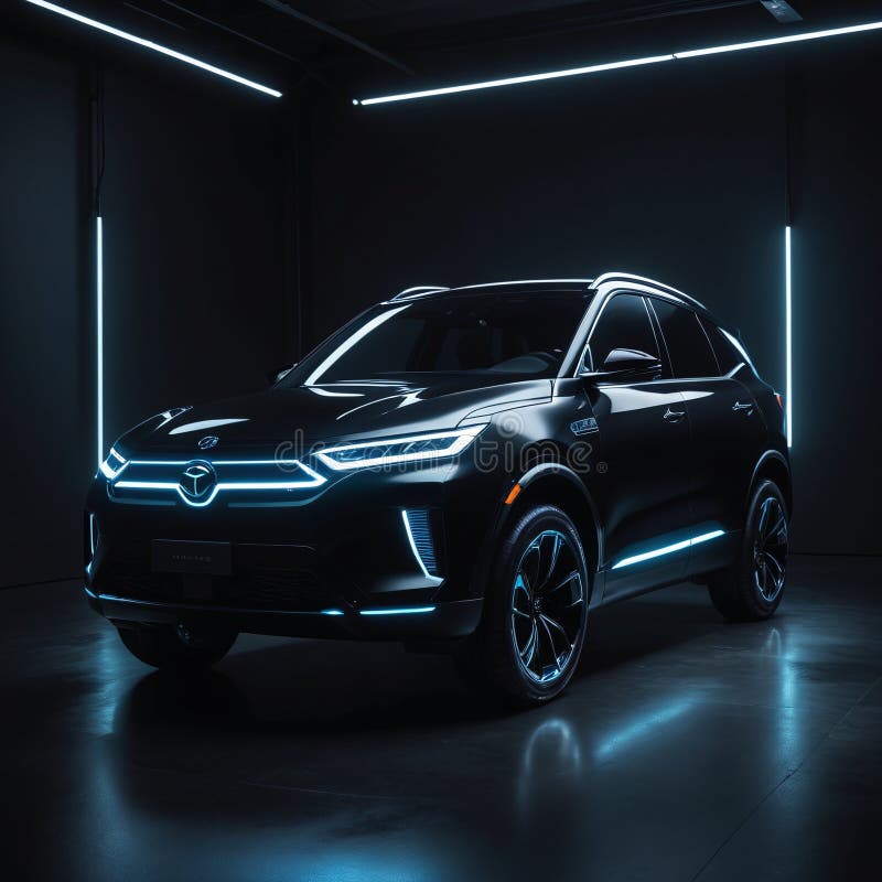 Neon Glow CloseUp of Black Electric SUV in Dramatic Lighting Stock ...