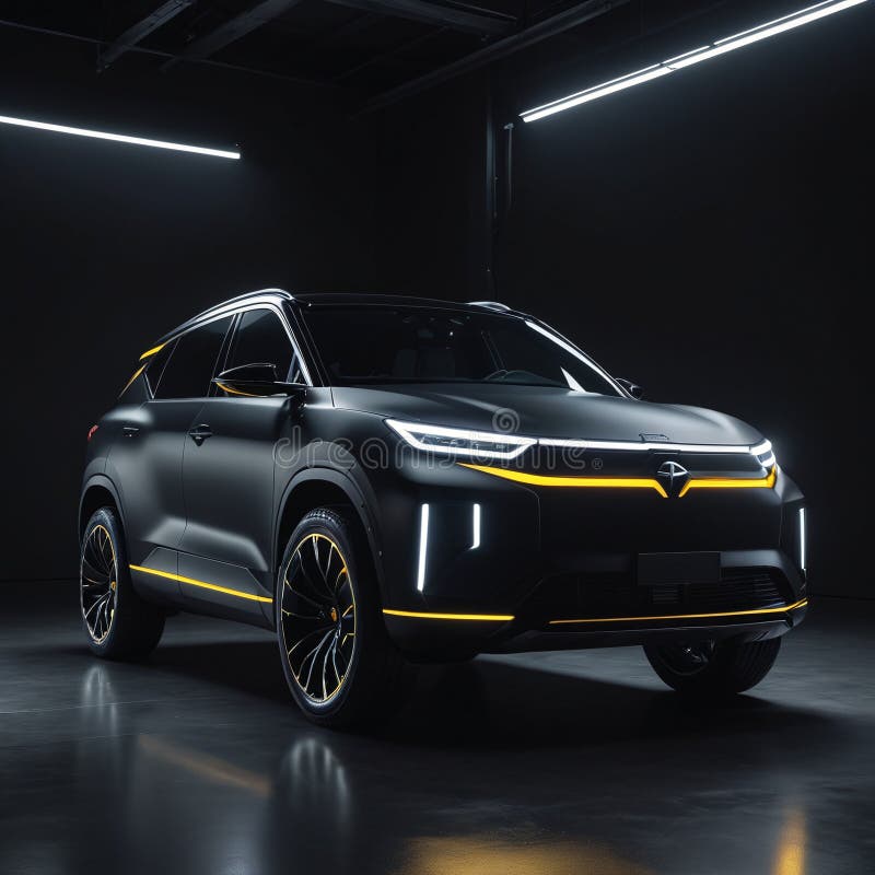 Neon Glow CloseUp of Black Electric SUV in Dramatic Lighting Stock ...