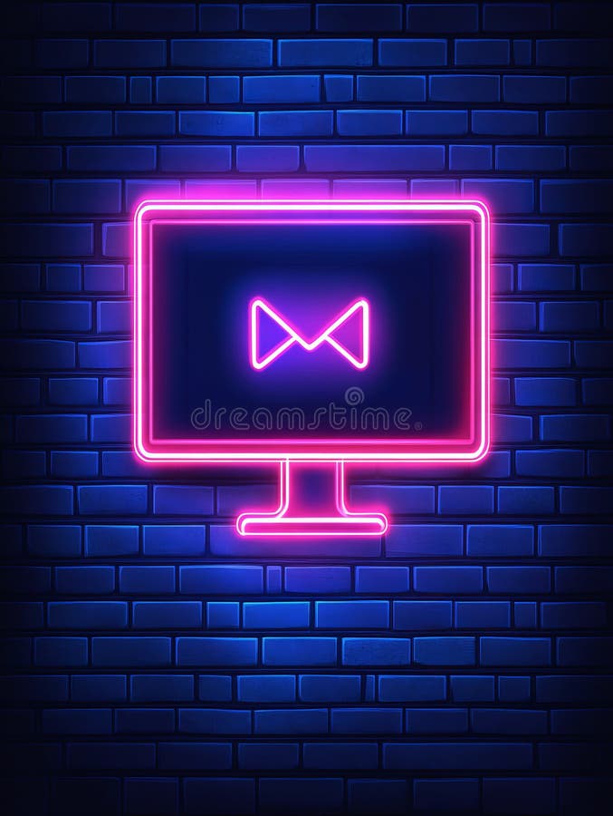 Neon Glow Computer Screen with Two User Icons Stock Illustration ...