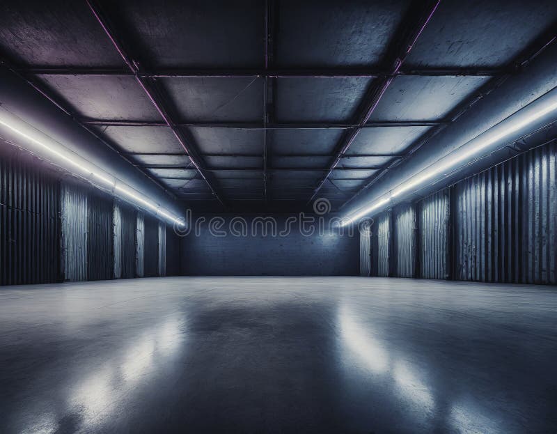 Neon Glow in Dark Garage Panorama Stock Illustration - Illustration of ...
