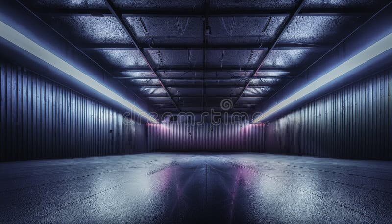 Neon Glow in Dark Garage Panorama Stock Illustration - Illustration of ...