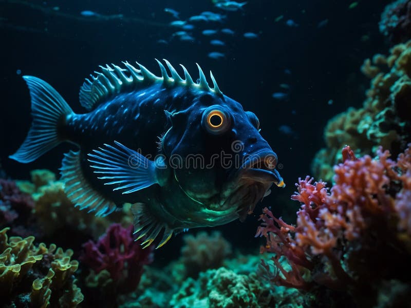 Neon Glow of Deep Sea Fish with Spikes and Huge Eyes Stock Illustration ...