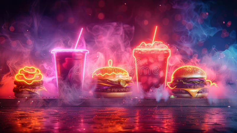 Neon Glow Fast Food, Burgers, Drinks, and Smoke Stock Illustration ...