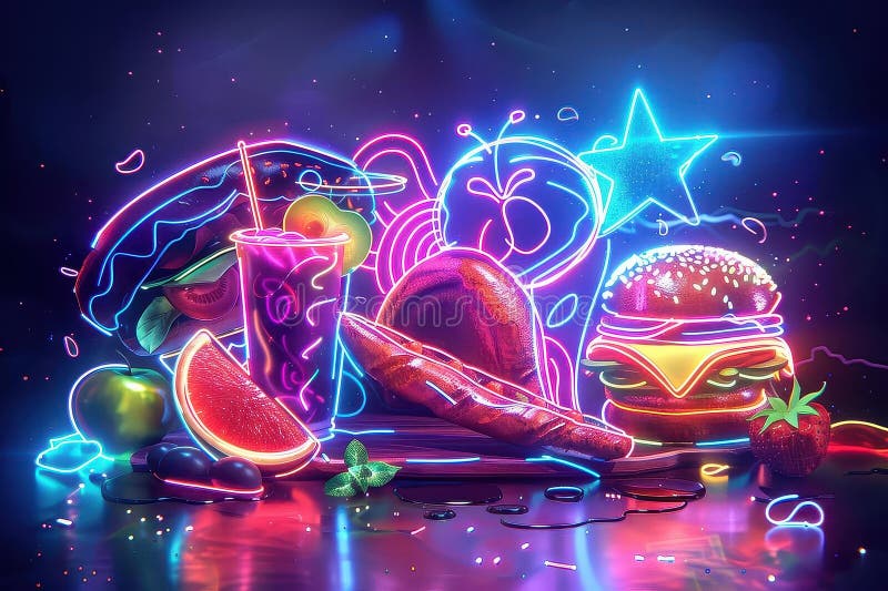 Neon Glow Food, a Vibrant Digital Art Stock Illustration - Illustration ...