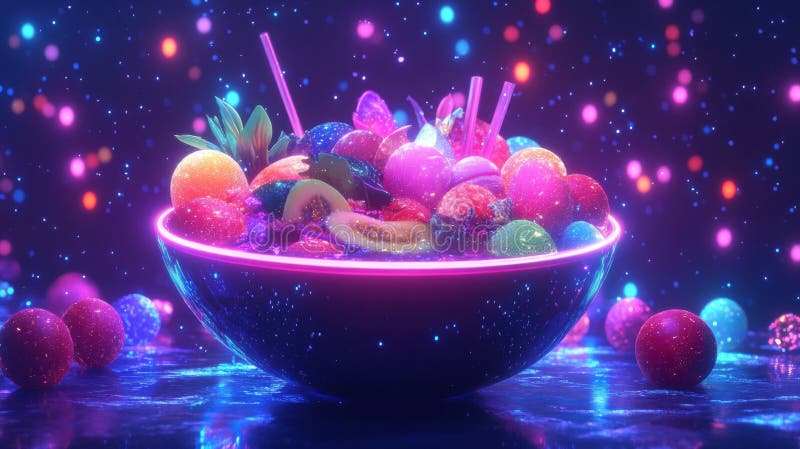 Neon Glow Fruit Bowl with Pink Purple and Blue Lights Stock ...