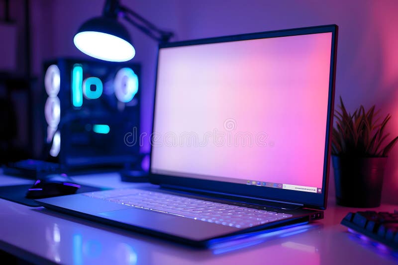 Neon Glow Gaming Setup: Laptop, PC, and Accessories Stock Illustration ...