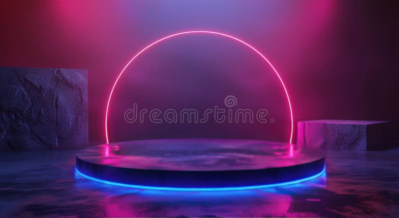 Neon Glow Light Display with Circular Arch and Platform Stock Image ...