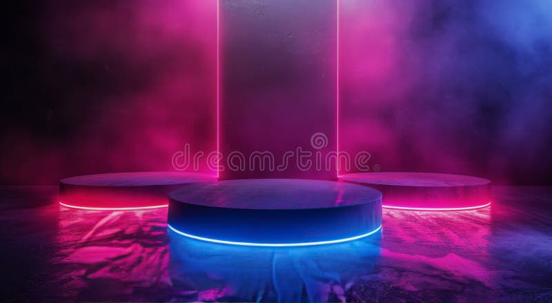 Neon Glow Light Display with Circular Arch and Platform Stock Photo ...