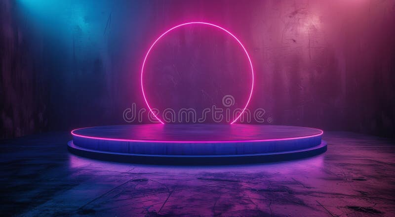 Neon Glow Light Display with Circular Arch and Platform Stock Image ...