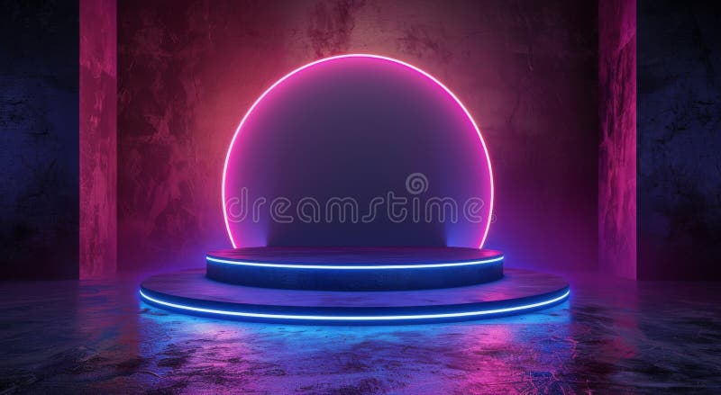 Neon Glow Light Display with Circular Arch and Platform Stock Image ...