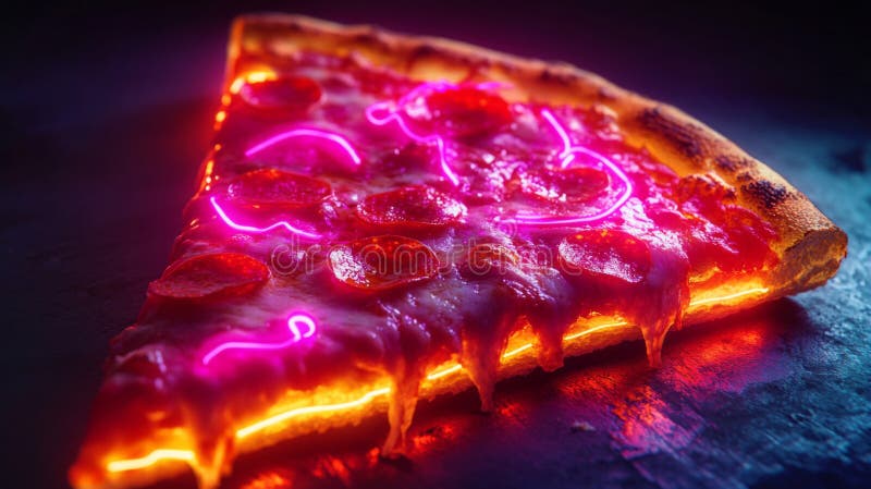 Neon Glow Pepperoni Pizza Slice Closeup Stock Illustration ...
