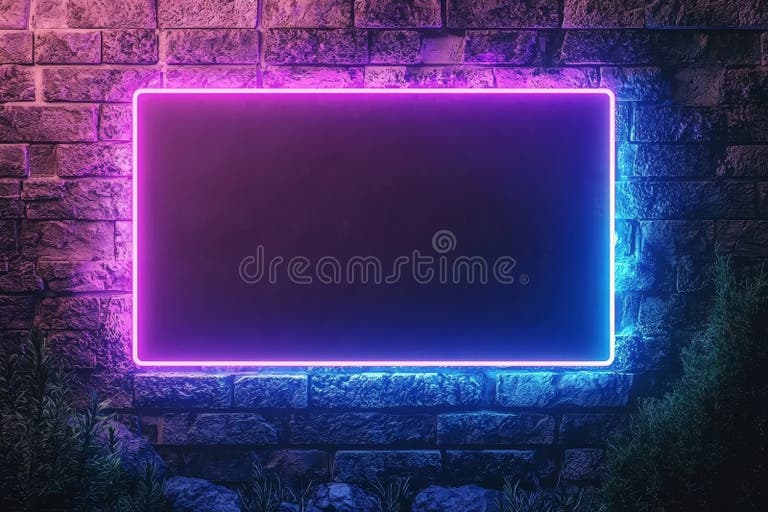A Neon Glow Rectangle Frame is Mounted on a Brick Wall Lighting Screen ...