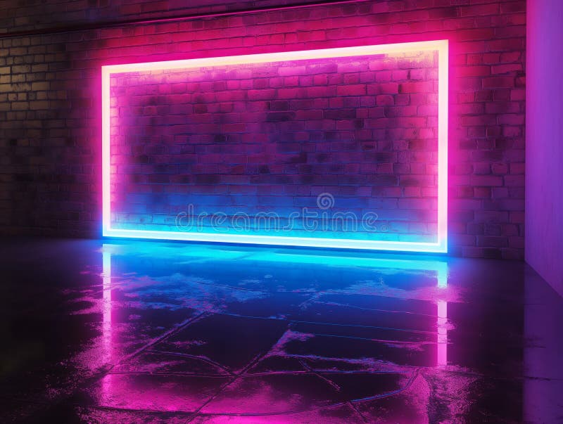 Neon Glow Rectangular Frame on Brick Wall Stock Photo - Image of ...
