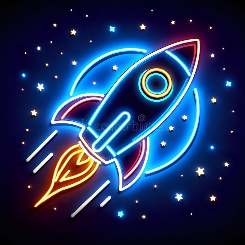 Neon Glow Rocket Launching into the Starry Night Stock Illustration ...