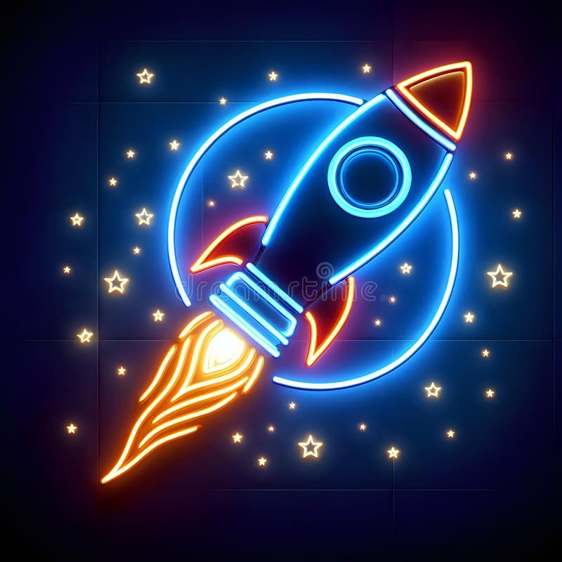Neon Glow Rocket Launching into the Starry Night Stock Illustration ...