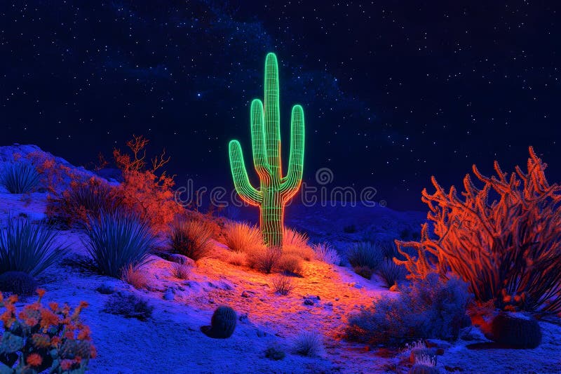 Neon Glow of Saguaro Cactus in Vibrant Desert Night Scene Stock Image ...