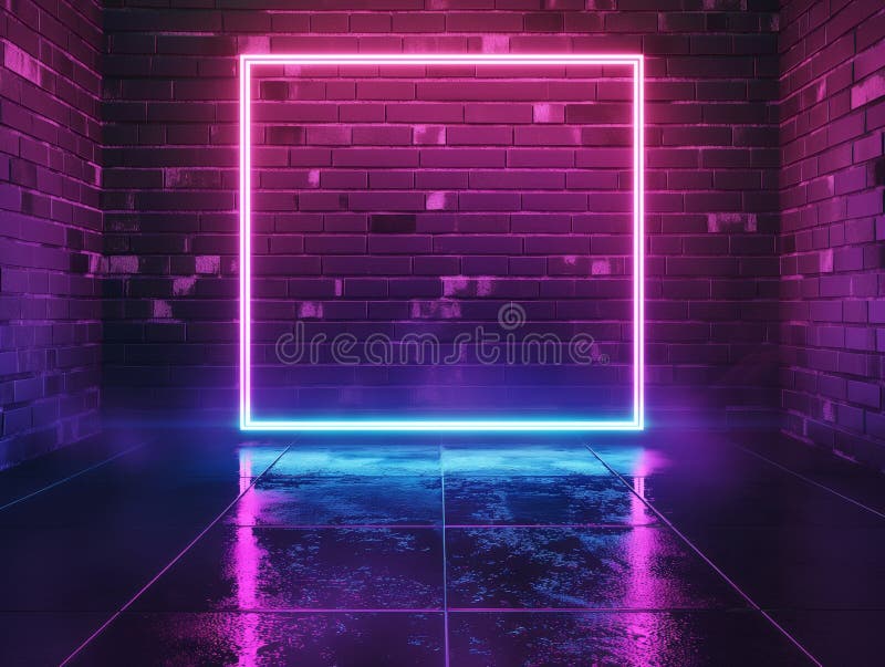 Neon Glow Square Frame in Dark Room Stock Photo - Image of bright, wall ...