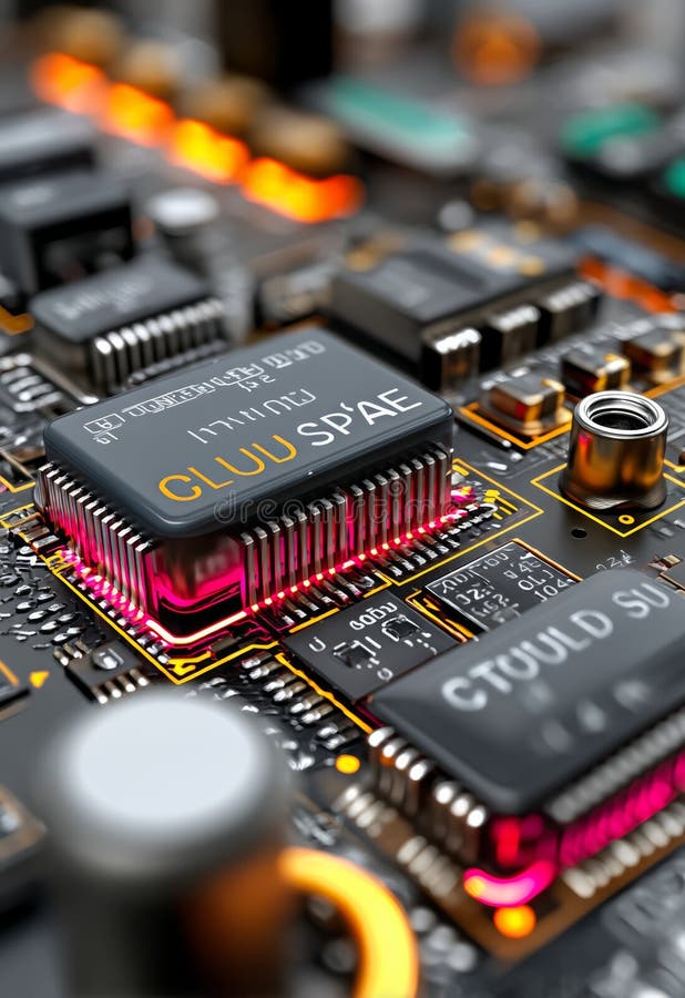 Neon Glow Tech Circuit Board with Cloud Storage Elements in Vibrant ...