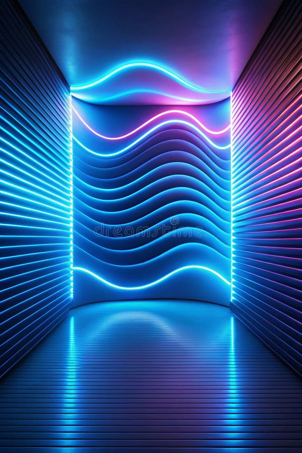 Neon Glow with Wavy Lines and LED Wall on Dark Background Stock ...