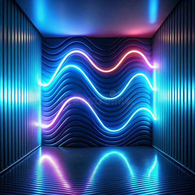 Neon Glow with Wavy Lines and LED Wall on Dark Background Stock ...