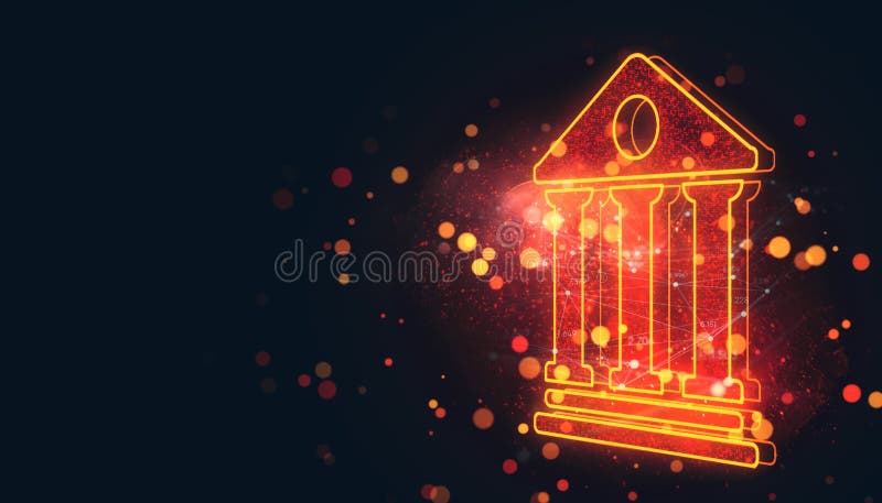 Neon Glowing Bank Icon with Orange Light Effects on Dark Background. 3D ...