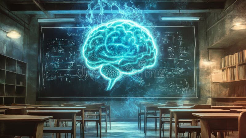 Neon Glowing Brain in Empty Classroom with Chalkboard Stock Image ...