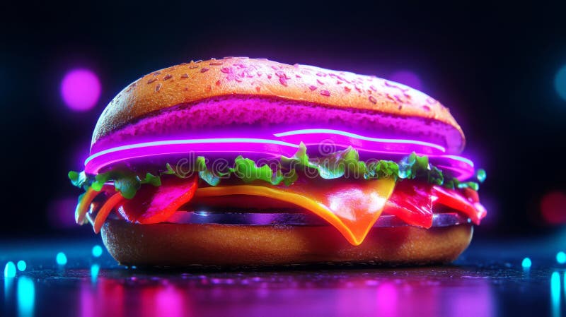 Neon Glowing Burger in Dark Setting Stock Illustration - Illustration ...