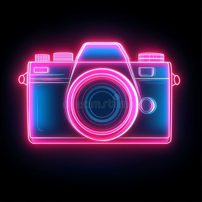 Neon Glowing Camera Illustration on Black Background. Stock Photo ...