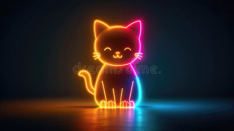 A Neon Glowing Cat Outlined in Bright Colors Against a Dark Backdrop ...