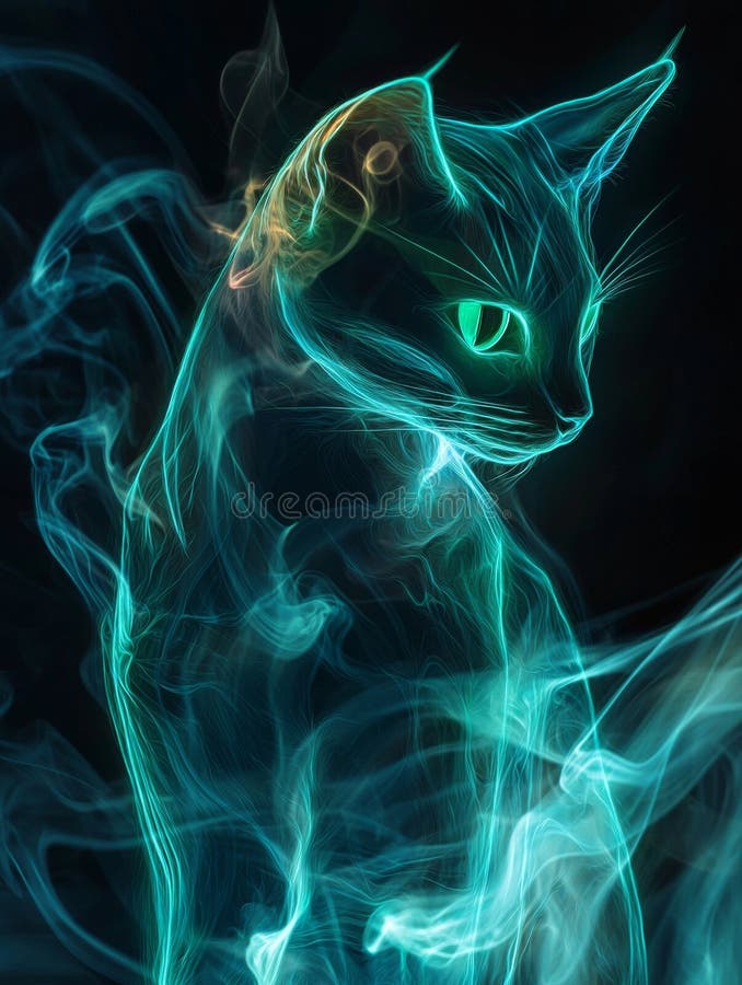 Neon Glowing Cat Silhouette in Swirling Ethereal Light Stock Photo ...