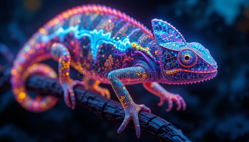Neon Glowing Chameleon with Futuristic Bioluminescence Stock Photo ...