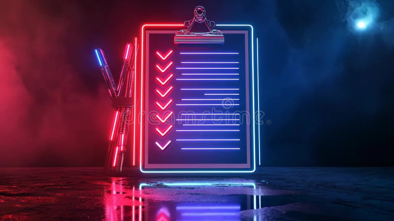 Neon Glowing Checklist Clipboard with Illuminated Checkmarks in a ...