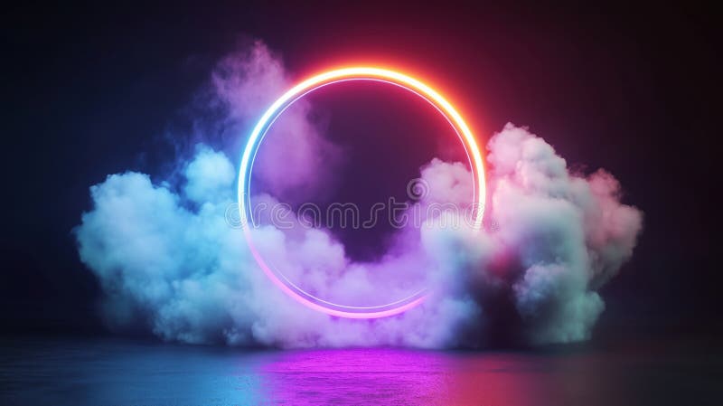 Neon Glowing Circle Surrounded by Colorful Smoke in Dark Atmosphere ...