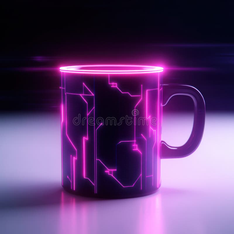 Neon Glowing Coffee Cup with Digital Overlay Design Stock Illustration ...