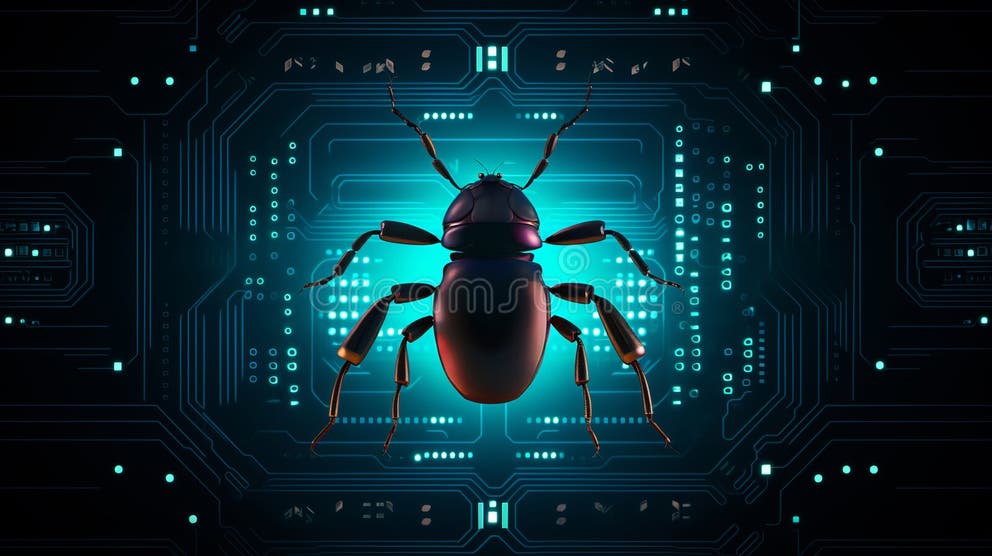 Neon Glowing Computer Bug Perched on Microchip Symbolizing Threat of ...