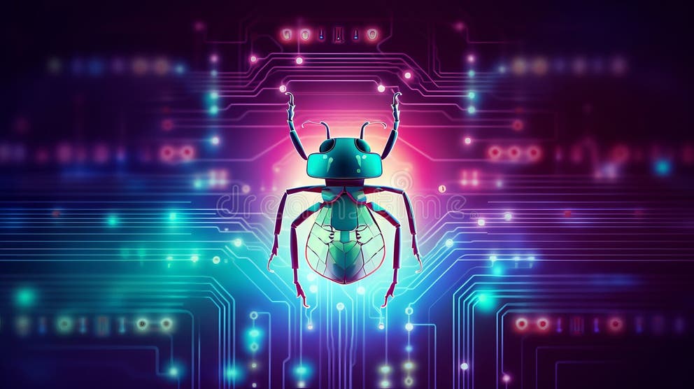 Neon Glowing Computer Bug Perched on Microchip Symbolizing Threat of ...