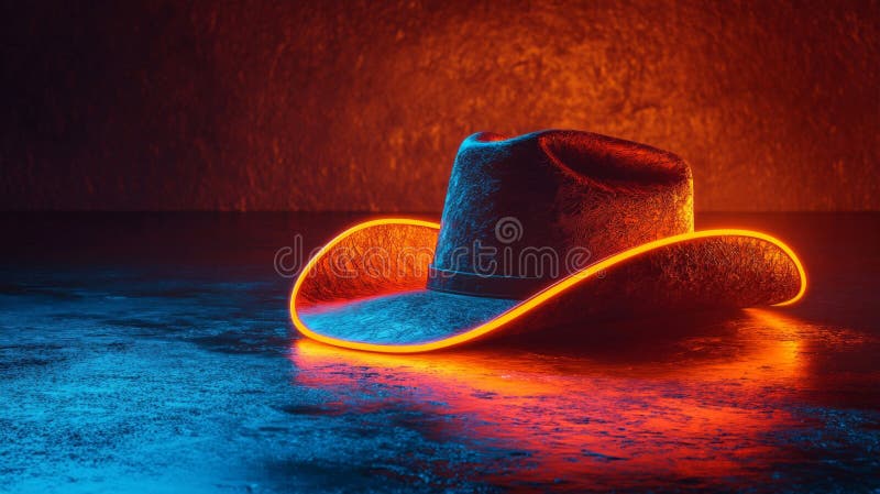 Neon Glowing Cowboy Hat on Dark Reflective Surface Stock Illustration ...