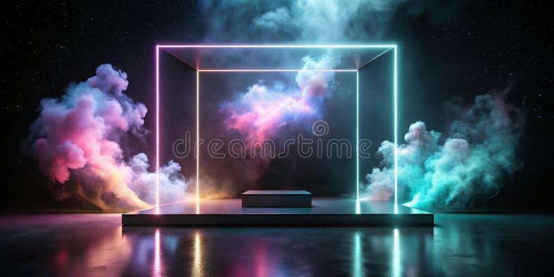 Neon Glowing Cube Display with Colorful Smoke and Stage. Generative AI ...