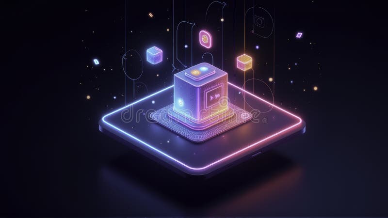 Neon Glowing Cube on a Smartphone Screen. Stock Illustration ...