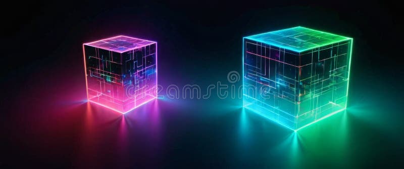 Neon Glowing Cubes with Digital Grid Patterns Stock Illustration ...